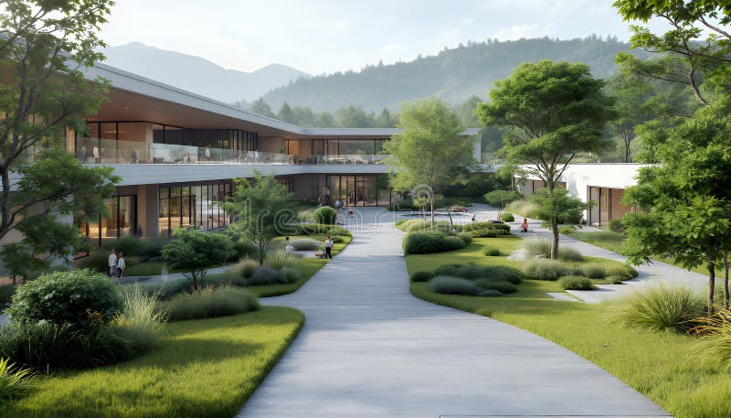 Modern School Campus with Landscaped Courtyard and Students Stock ...