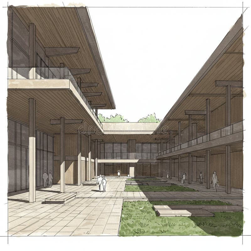 Modern Architectural Rendering of a Spacious Courtyard Featuring Clean ...