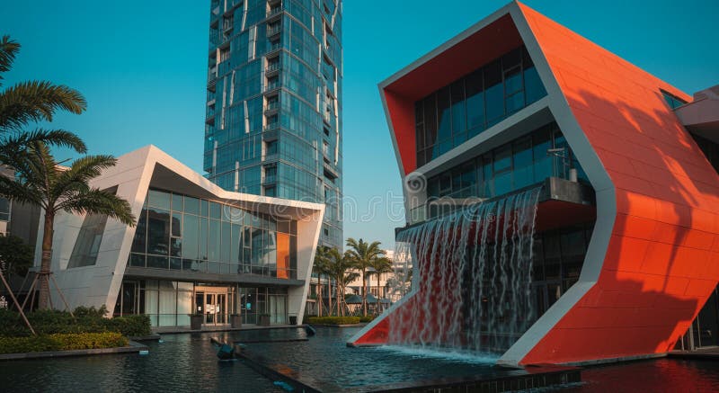 Modern Architectural Scene with Unique Geometric Design. the Orange and ...