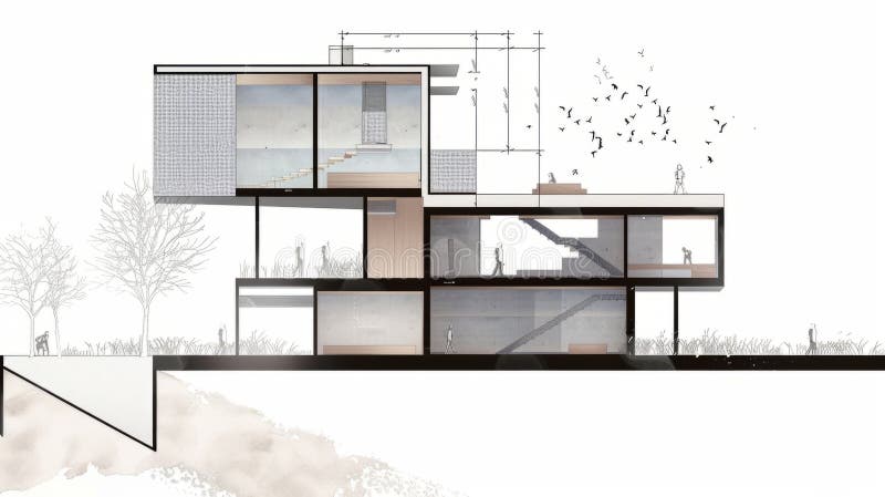 Modern Architectural Sectional Drawing of a Multi-level House with ...