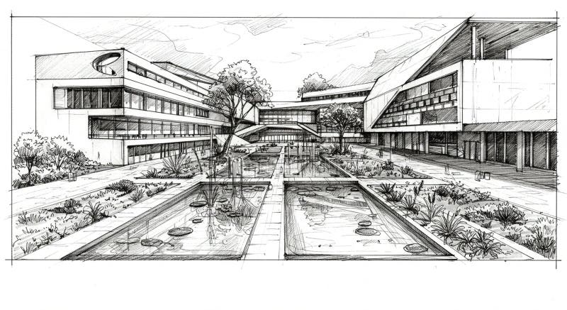 Modern Architectural Sketch of a Building Complex Features Three ...
