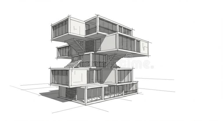 Modern Architectural Sketch of a Cubic Building with a Modular Design ...