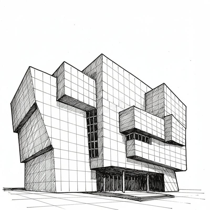 Modern Architectural Sketch of a Cubist-style Building with Overlapping ...