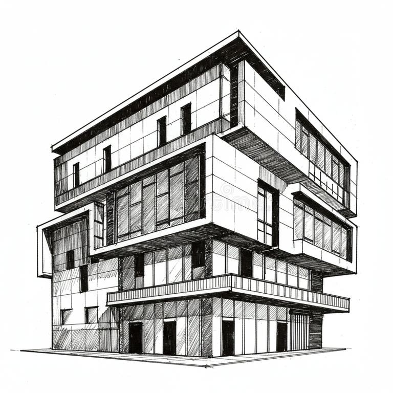 Modern Architectural Sketch Depicting a Cubic, Multi-story Building ...