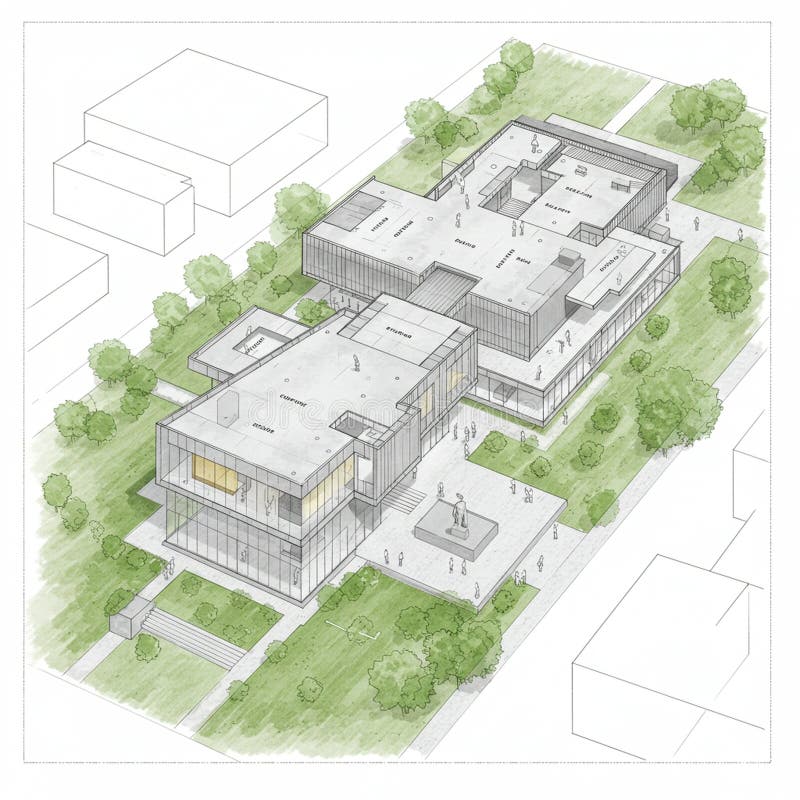 Modern Architectural Sketch of a Multi-level Building Complex in a ...