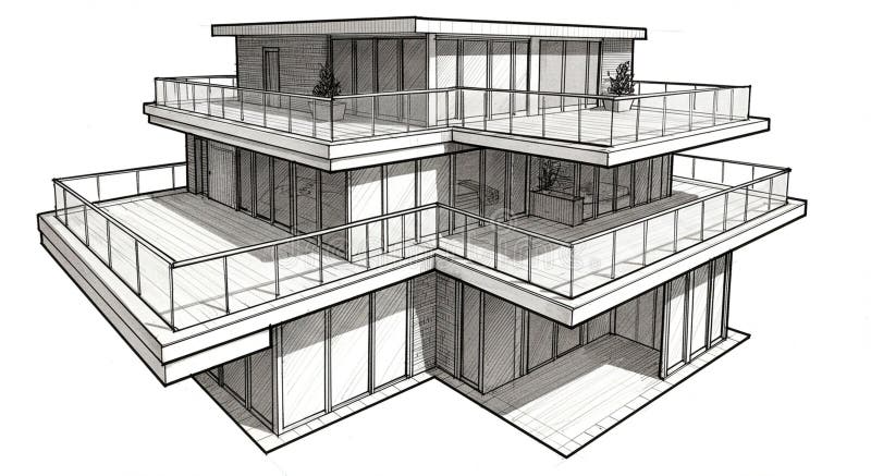 Modern Architectural Sketch of a Multi-level Building Featuring ...