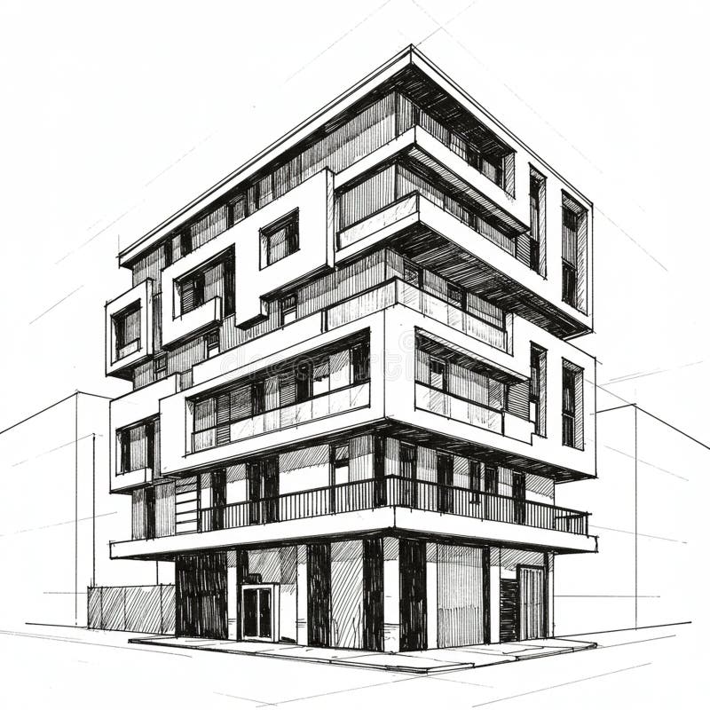 Modern Architectural Sketch of a Multi-story Building with a Cubic ...