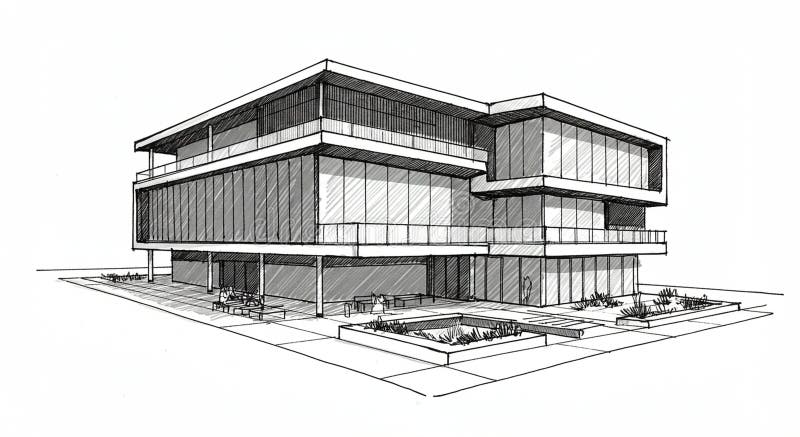 Modern Architectural Sketch of a Multi-story Building Featuring Clean ...