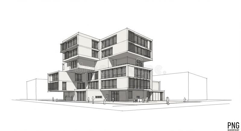 Modern Architectural Sketch of a Multi-story Building with Stacked ...
