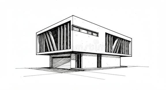Modern Architectural Sketch of a Rectangular, Cantilevered Building ...