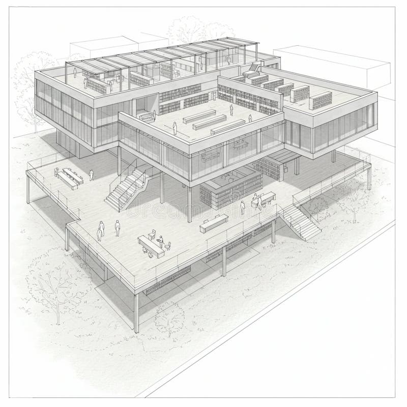 Detailed Architectural Sketch of Modern Multi-Story Building. Stock ...