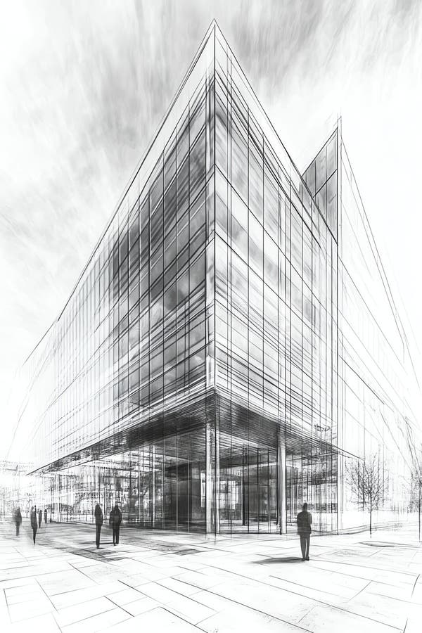 A Modern Architectural Sketch Showcasing a Sleek Glass Building Design ...