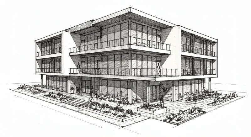 Modern Architectural Sketch of a Three-story Building Featuring a Sleek ...