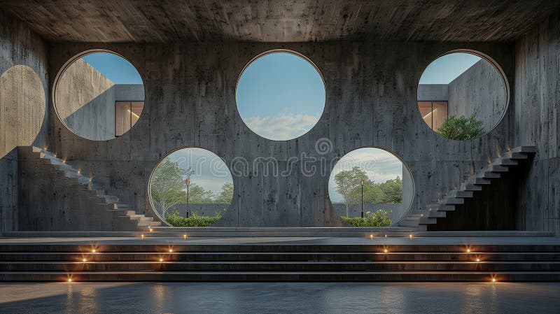 Modern Architectural Space with Circular Openings and Stairs Stock ...