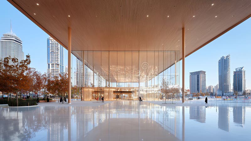 Modern Architectural Space with Glass Facade and Reflective Flooring ...