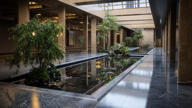 Modern Architectural Space with Lush Greenery Interior Design Tranquil ...