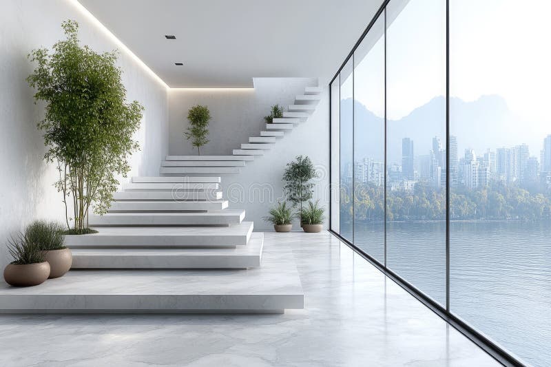 Modern Minimalist Floating Staircase with City View Stock Illustration ...