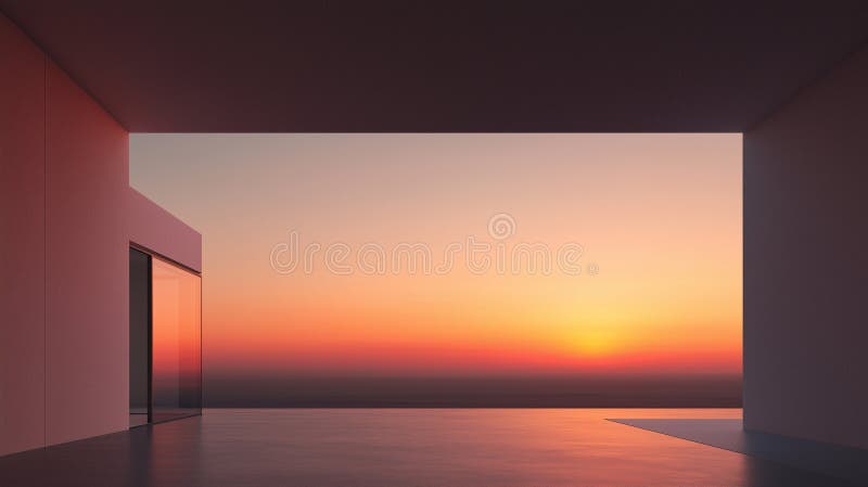 Modern Architectural Space with Stunning Sunset View, Featuring Clean ...