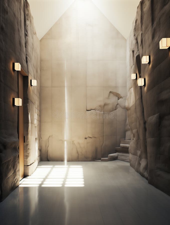 Modern Architectural Space with Textured Stone Walls, Wall Lighting ...