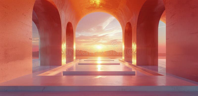 Modern Architectural Structure with Arched Windows at Sunset Stock ...