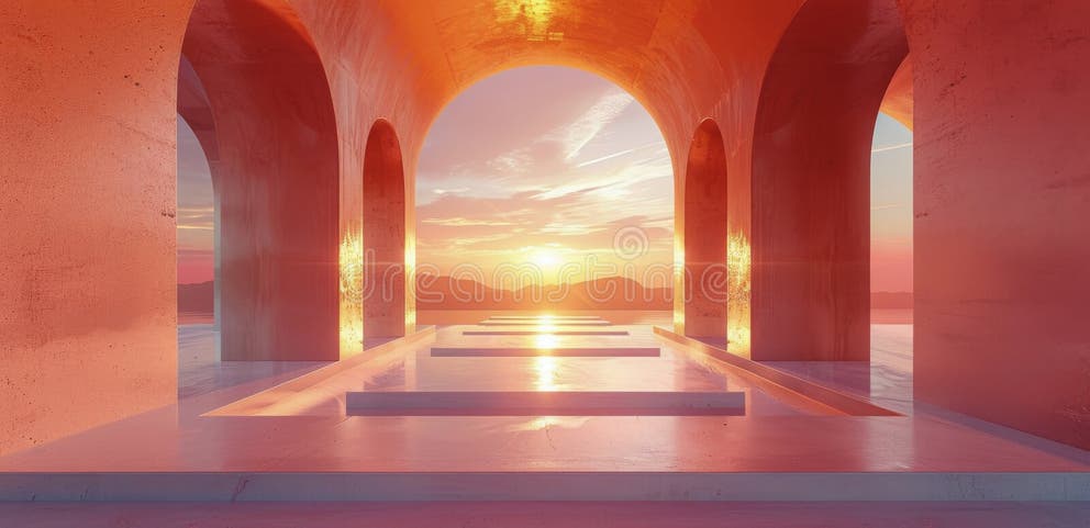 Modern Architectural Structure with Arched Windows at Sunset Stock ...