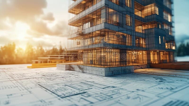 Modern Architectural Structure on Blueprint Background at Sunset Stock ...