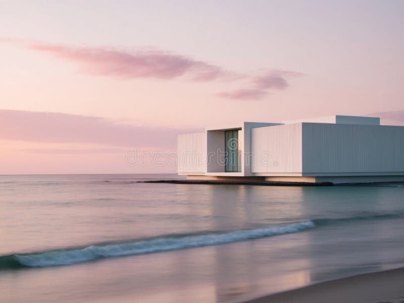 Modern Architectural Structure by the Calm Ocean during a Serene Sunset ...