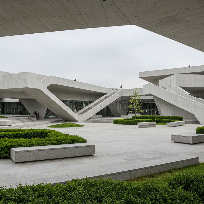 Modern Architectural Structure Composed Of Angular Concrete Forms And Open Stock Illustration