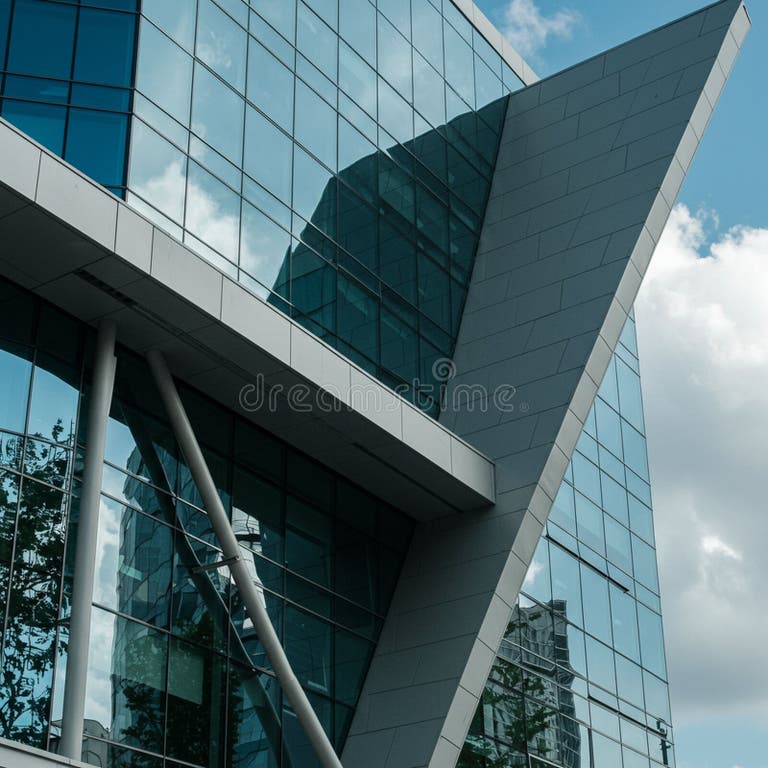 Modern Architectural Structure Featuring Angular Geometric Design with Reflective Stock ...