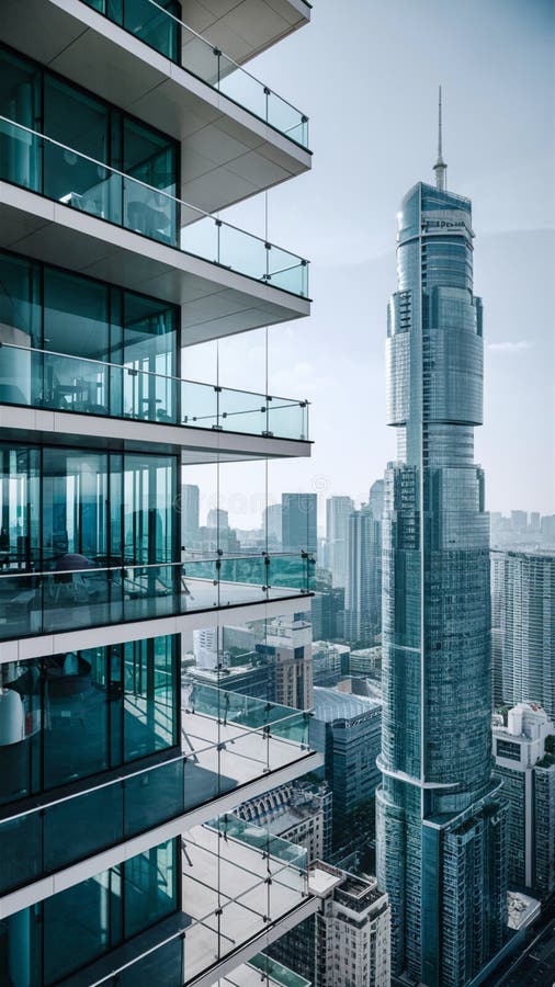 Modern Architectural Structure with Glass Terraces, Capturing Cool ...