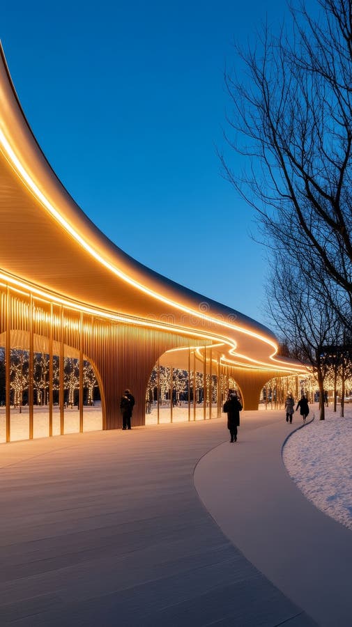 Modern Architectural Structure with Illuminated Curved Roofline at Dusk ...