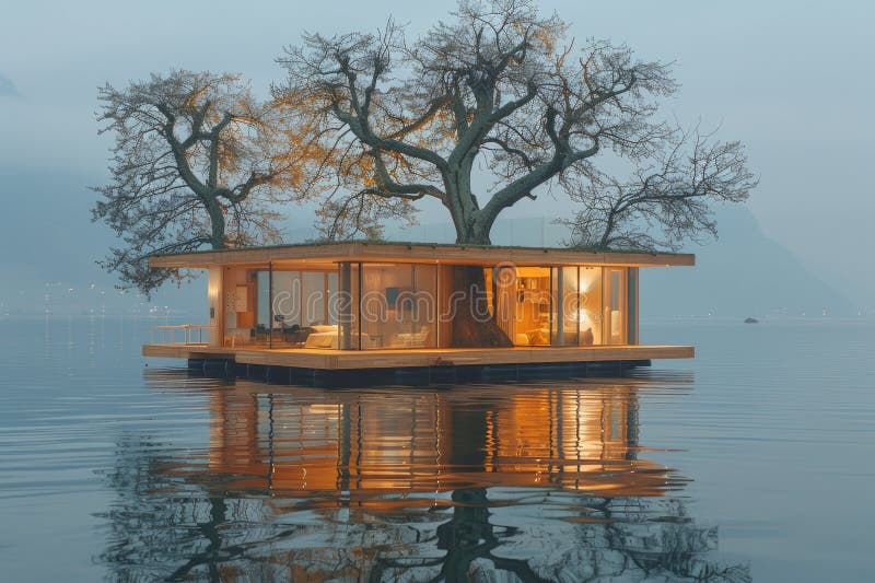 Luxury Floating House on Calm Lake at Dusk Stock Illustration ...