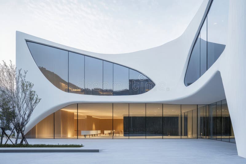 A Modern Architectural Structure with Organic Shapes and Large Glass ...