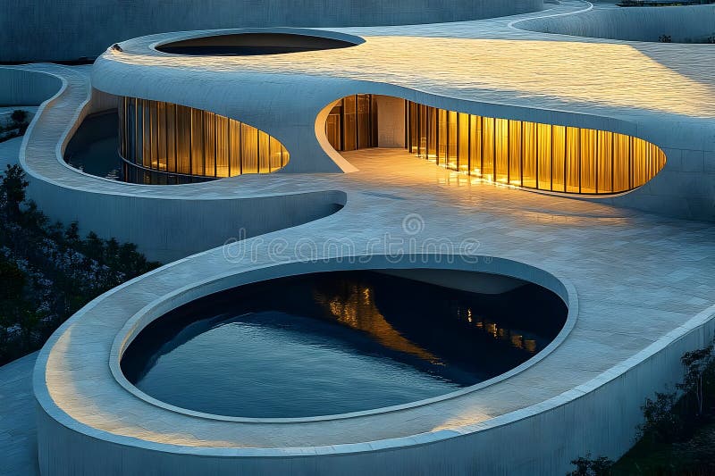 Modern Architectural Structure with Organic Shapes and Reflective Water ...