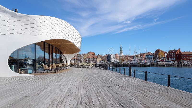 Modern Architectural Structure Overlooking Scenic Waterfront and Harbor ...