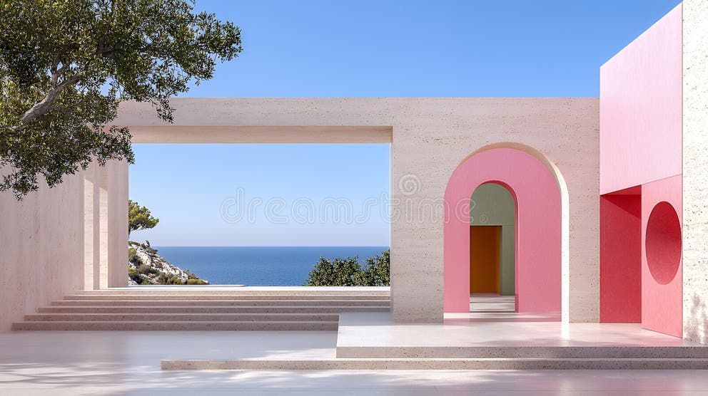 Modern Architectural Structure with Pink Elements Overlooking the Sea ...