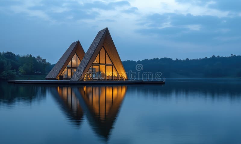 Modern Architectural Structure Reflecting on Water, Two Triangular ...