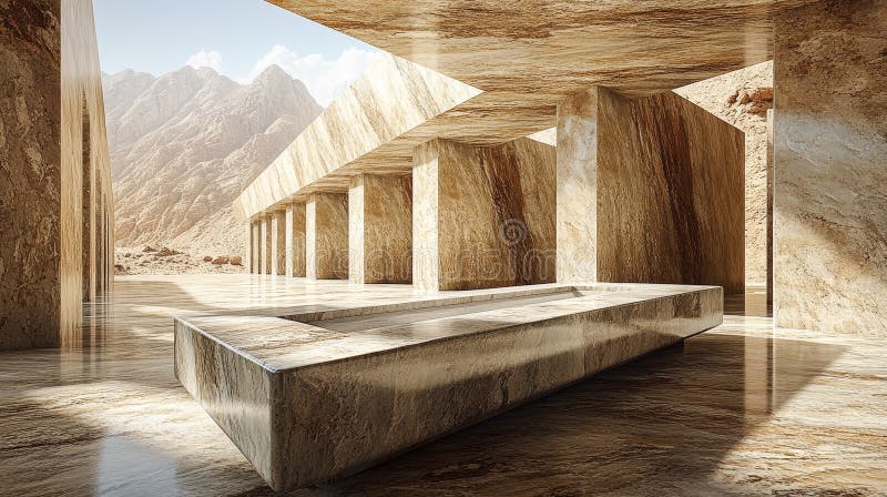 Modern Architectural Structure with Stone Columns and Mountain ...