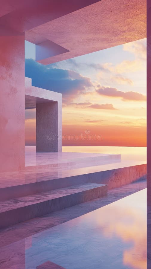 Modern Architectural Structure with Sunset Reflection Over Water Stock ...