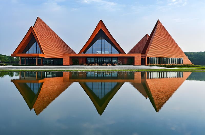 Modern Architectural Structure with Triangular Roofs Reflecting in ...