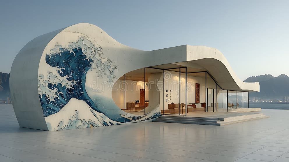 Modern Architectural Structure with a Wave-themed Mural Inspired by ...