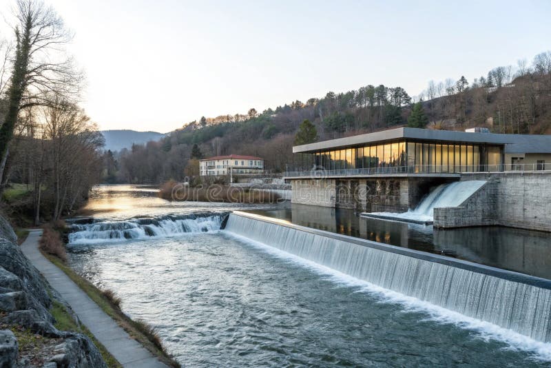 Dam with Flowing Water, Modern Architecture Stock Illustration ...