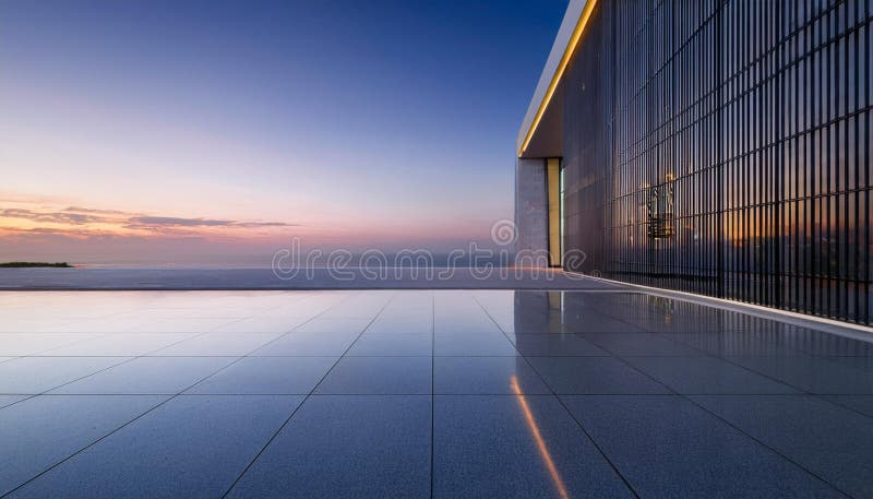 Modern Architectural Wall with Reflective Floor at Dusk. 3D Rendering ...