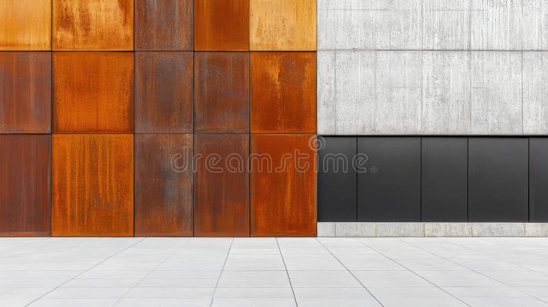 Modern Architectural Wall with Rusty Metal Panels and Concrete Contrast ...