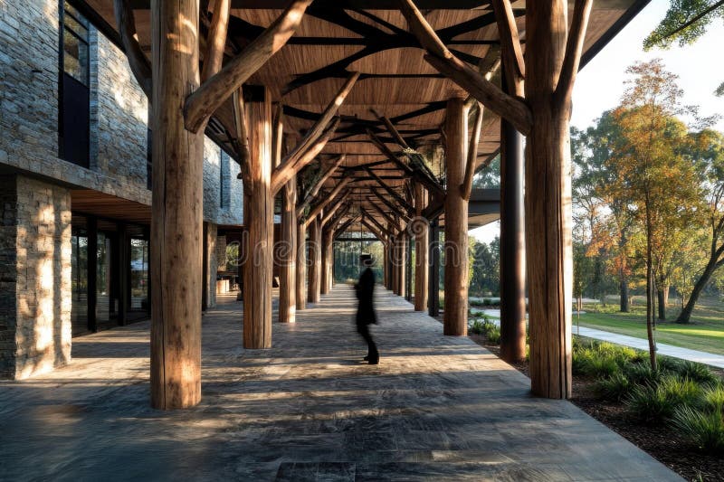 Modern Architectural Wooden Walkway Surrounded by Trees in Sunlit ...