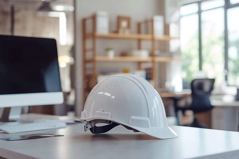 Modern Architectural Workspace with Hard Hat and Computer Setup on the ...