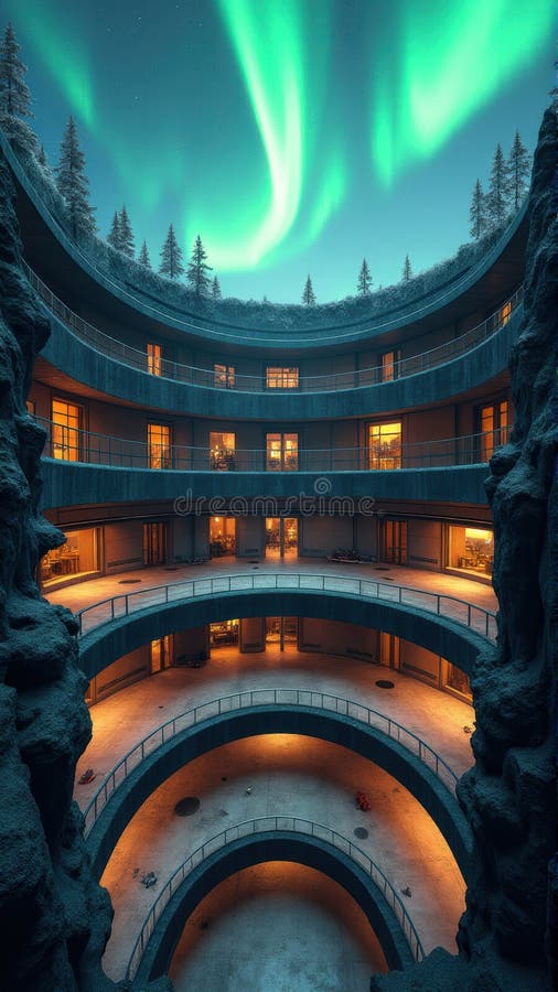 Modern Architecture with Aurora Borealis Stock Illustration ...
