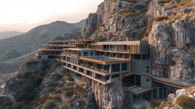 Modern Architecture Blending with Rugged Mountain Terrain Stock Photo ...