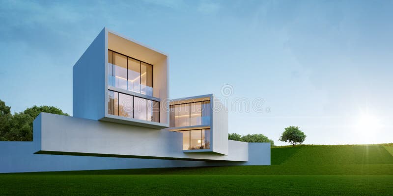 Modern Architecture Boxes House with Lawn Grass and Blue Sky Stock ...