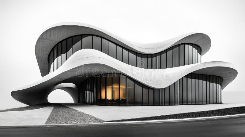 Modern Architecture Building with Curved Walls and Large Glass Windows ...